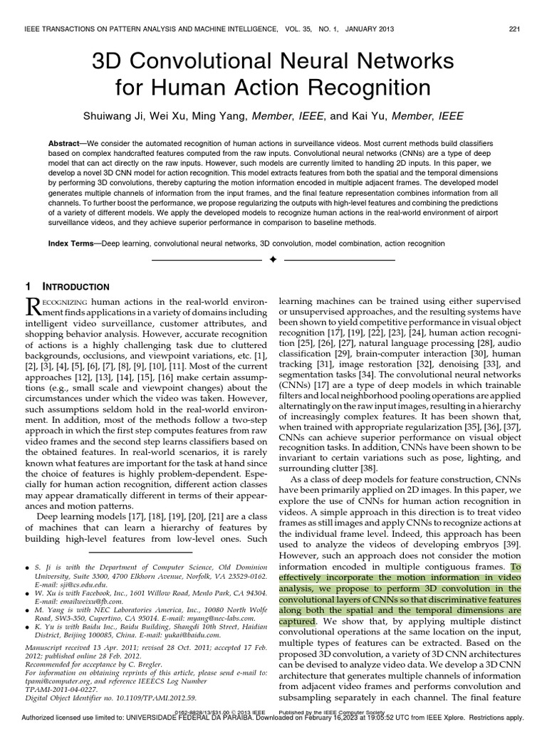 3d Convolutional Neural Networks For Human Action Recognition Pdf Artificial Neural Network