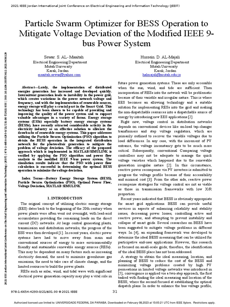 Particle Swarm Optimizer For BESS Operation To Mitigate Voltage Deviation of The Modified IEEE 9 ...