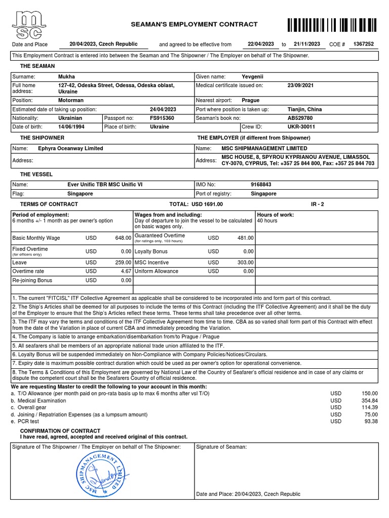 Seaman Employment Contract Details | PDF | Business Law | Private Law