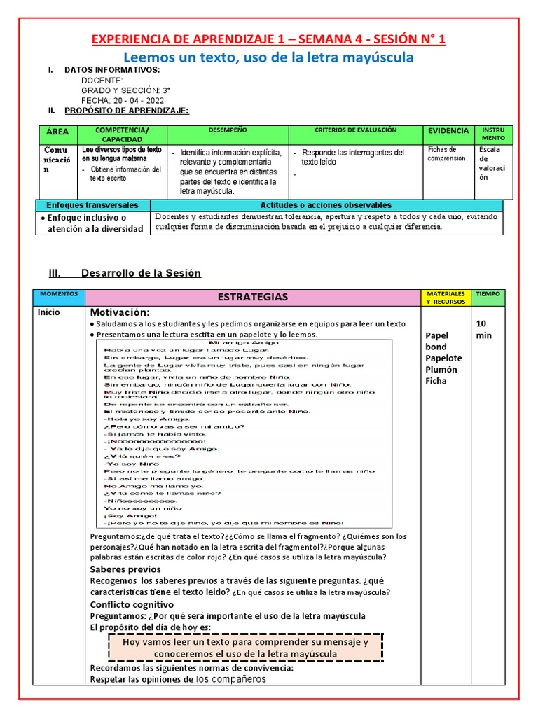 Sesión Leemos Un Texto Uso de La Letra Mayuscula | PDF | Aprendizaje ...