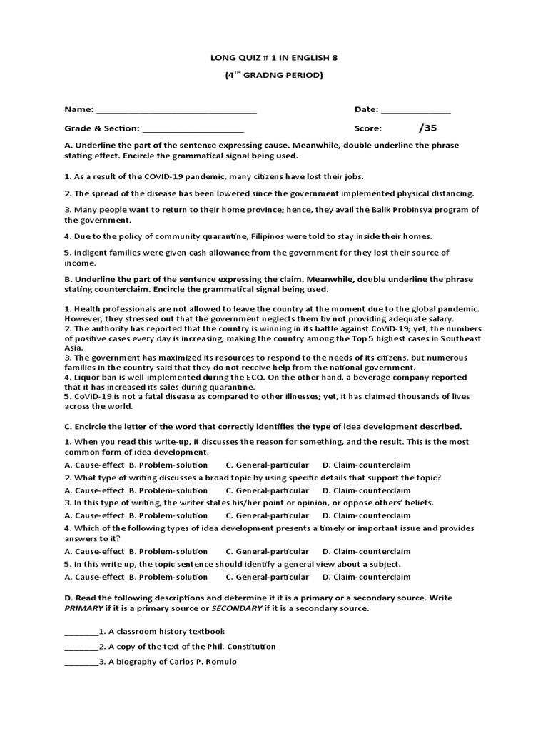 LONG QUIZ # 1 IN ENGLISH 8 (4th Grading Period | PDF | Primary Sources