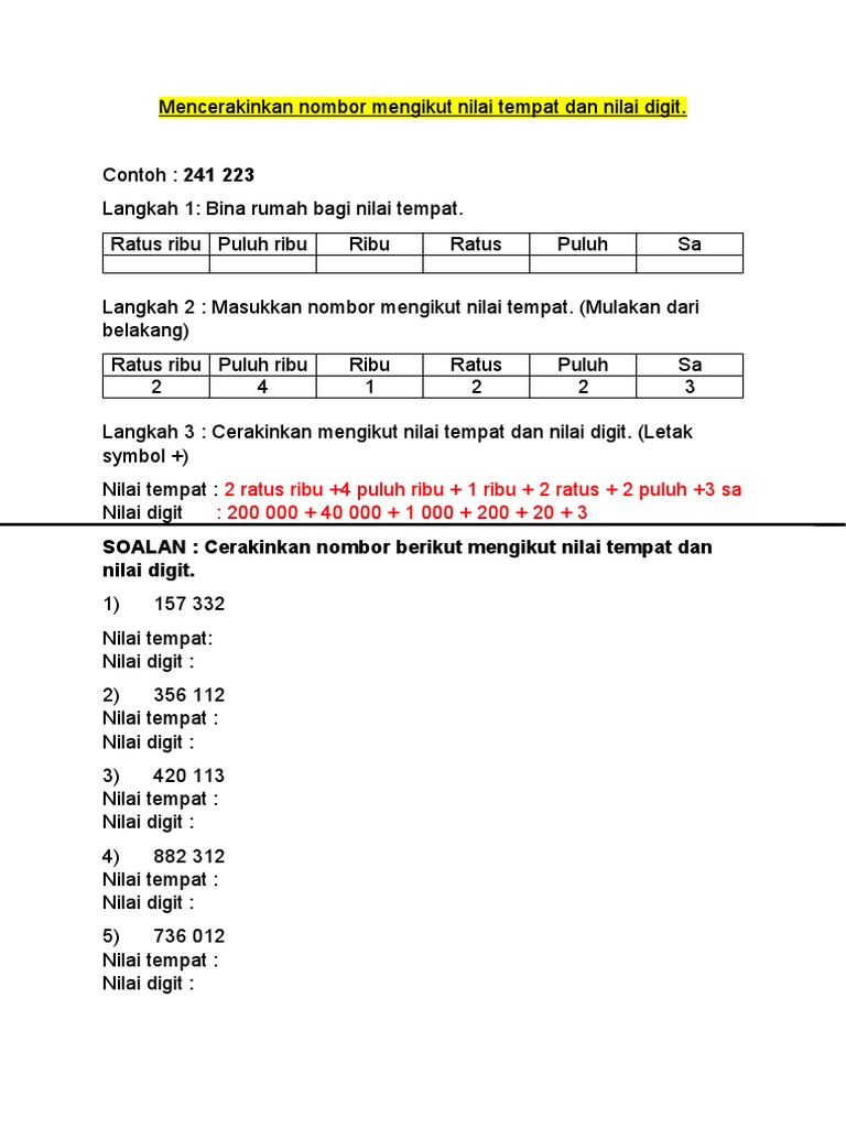 Cerakinkan Nombor Mengikut Nilai Tempat | PDF | Metode & Bahan Ajar ...