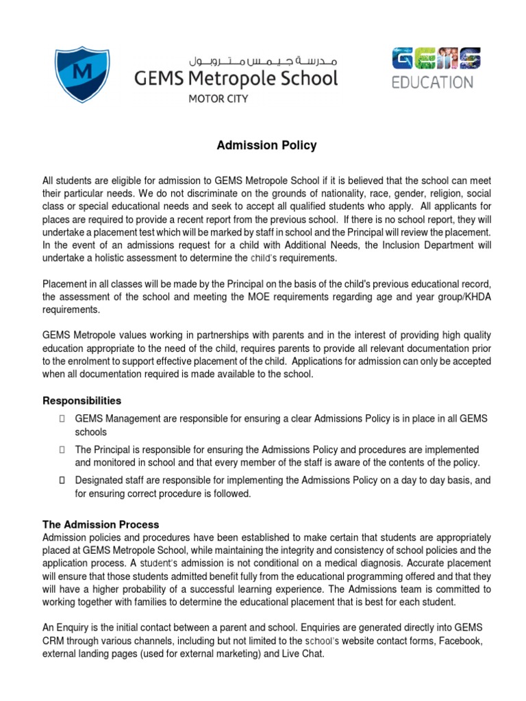 Admission Policy PDF | PDF | Educational Assessment | Fee