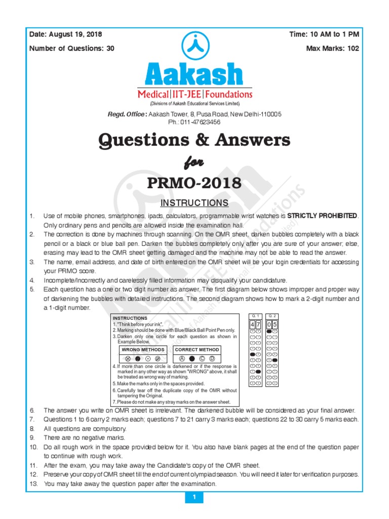 PRMO 2018 (19-08-2018) - QuestionPaper PDF | PDF | Triangle | Mathematical Objects