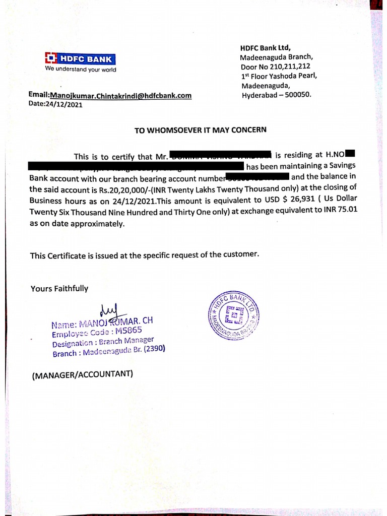 HDFC Bank Balance Certificate PDF | PDF | Business | Technology & Engineering