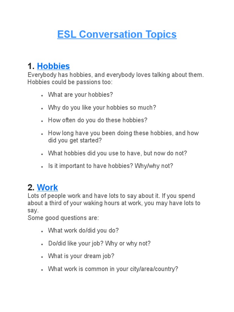 Engaging ESL Conversation Topics | PDF | Cognition | Psychology
