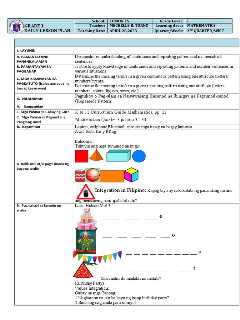DLL - Mathematics 1 - Q3 Cot | PDF
