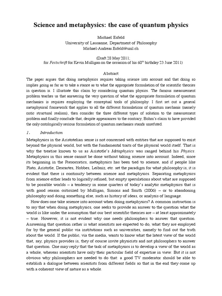 Esfeld Science and Metaphysics The Case of Quantum Physics | PDF | Wave Function | Quantum Mechanics