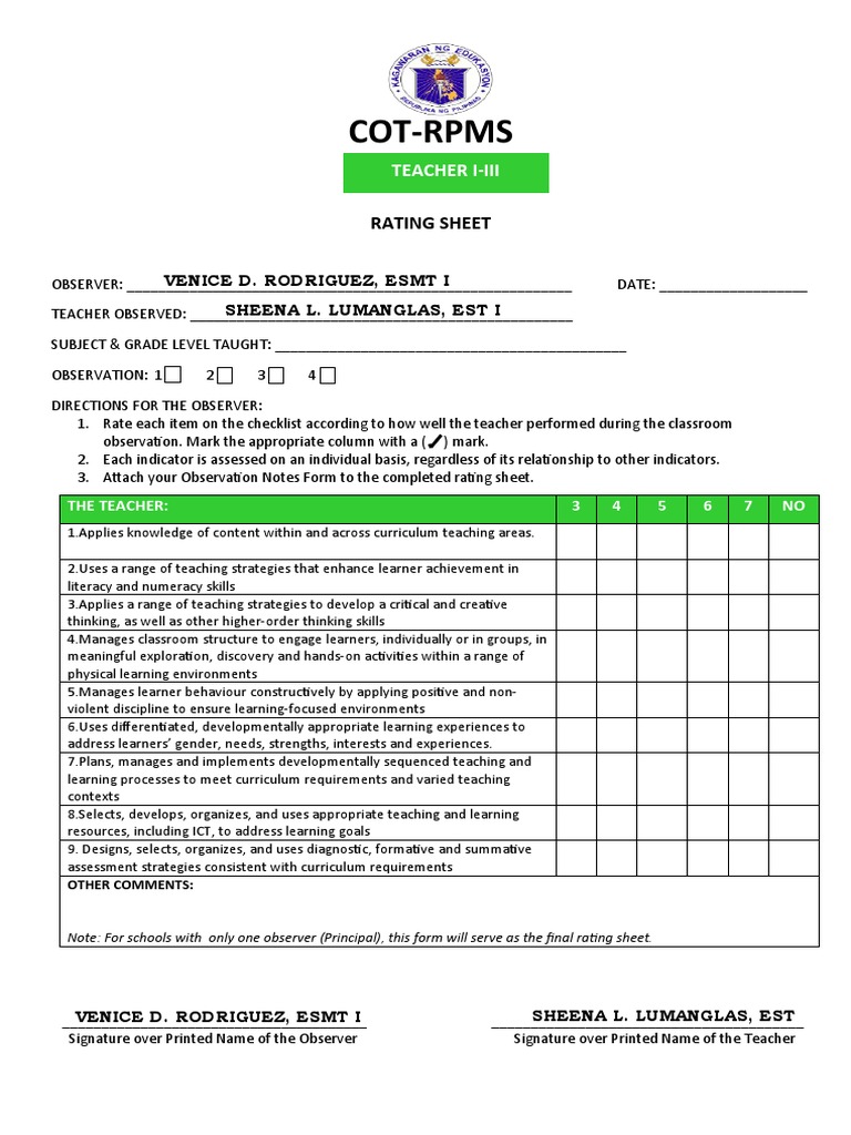 COT Form | PDF | Learning | Curriculum