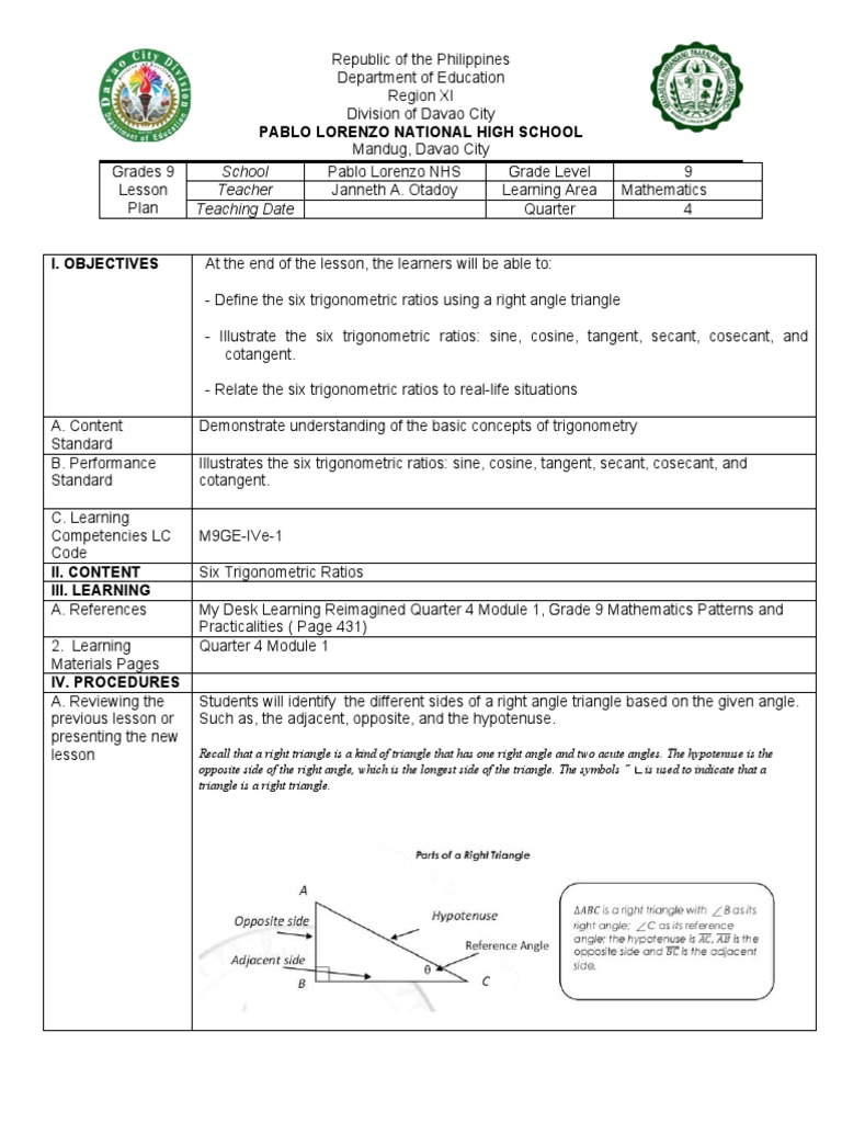 Lesson Plan TRIGONOMETRY - Word | PDF | Trigonometric Functions ...