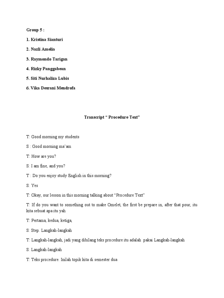 Transcript (Procedure Text) - Group 5 | PDF