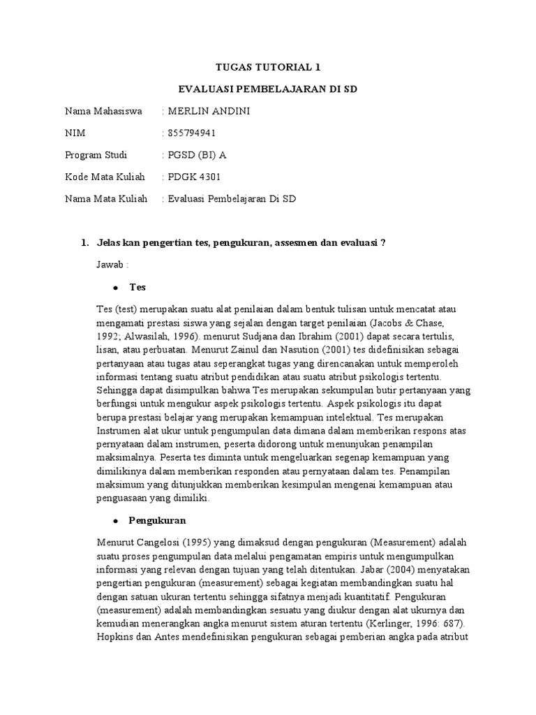 Soal TT 1 Evaluasi Pembelajaran Di SD | PDF | Karier & Perkembangan | Pengembangan Diri