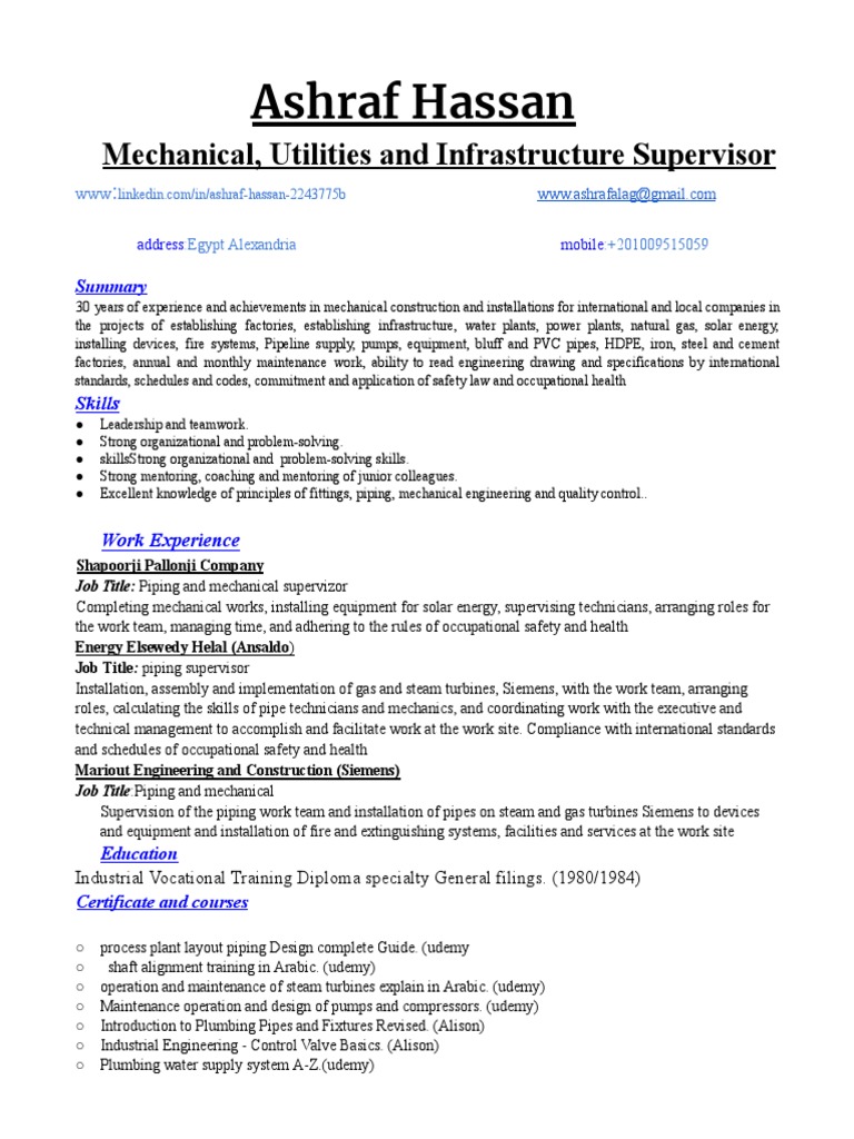 Mechanical, Utilities and Infrastructure Supervisor CV | PDF | Plumbing ...