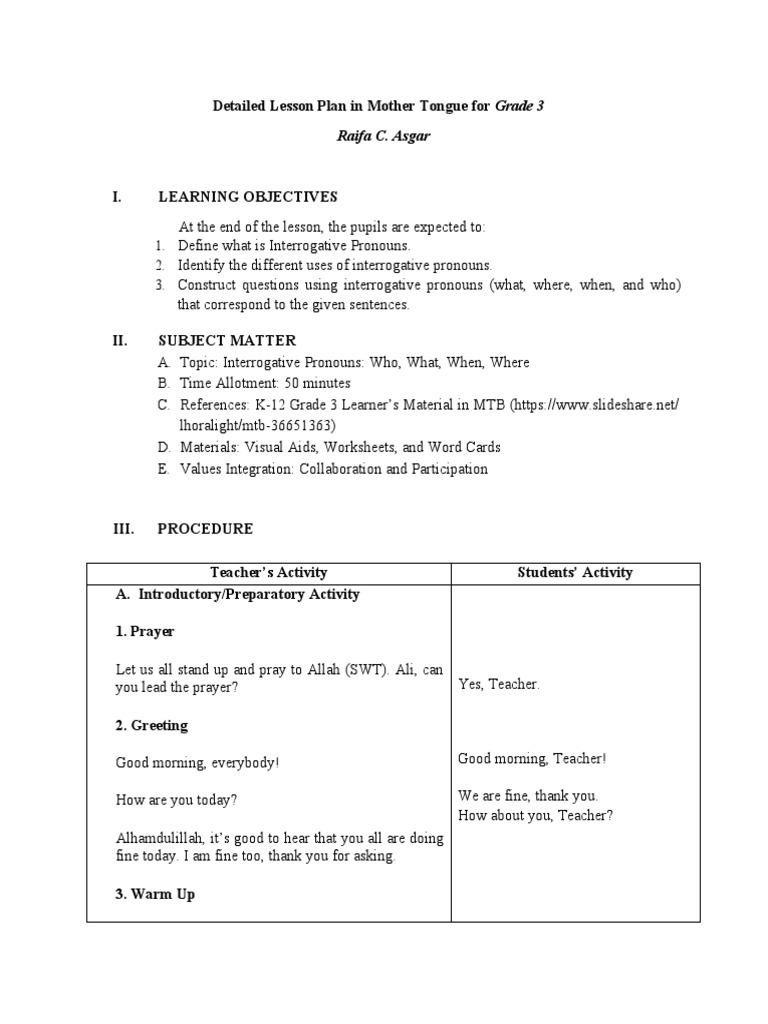 Detailed Lesson Plan in Mother Tongue For Grade 3 | PDF