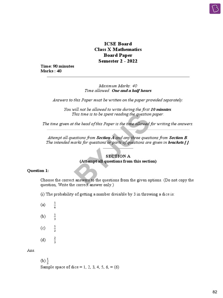 ICSE Class X Maths Question Paper Solutions 2022 Semester 2 | PDF ...