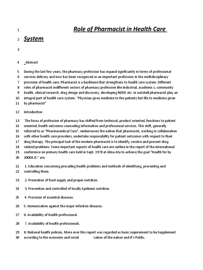 Role of Pharmacist in Health Care System | PDF | Pharmacy | Health Care