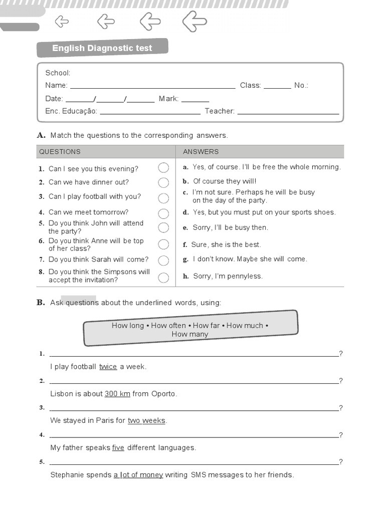 English Diagnostic Test: Questions Answers | PDF