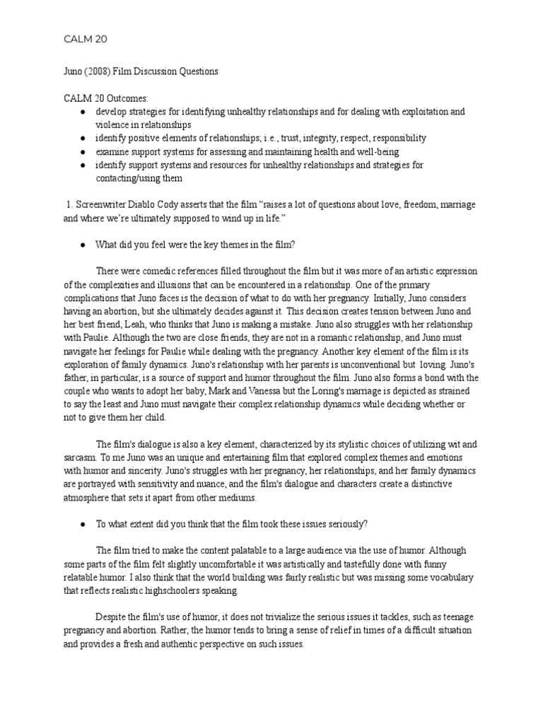 Juno Film Discussion Questions | PDF | Humour | Adolescence