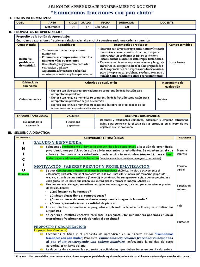 SESIÓN 1-Pan Chuta - 1RO - Maestra | PDF