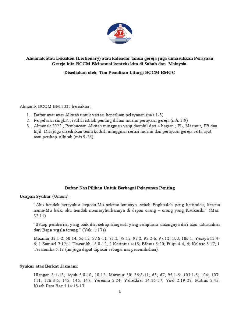 Almanak Liturgi BCCM BM 2022 | PDF | Agama & Spiritualitas