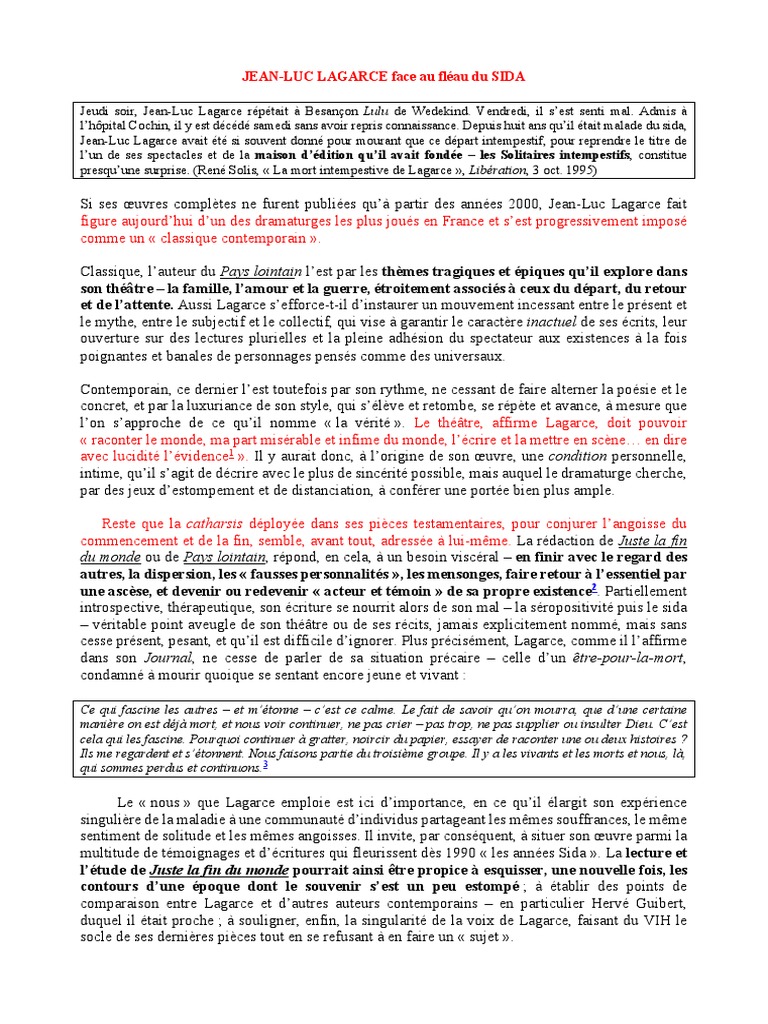 Jean-Luc Lagarce et le SIDA : un héritage poignant | PDF | SIDA