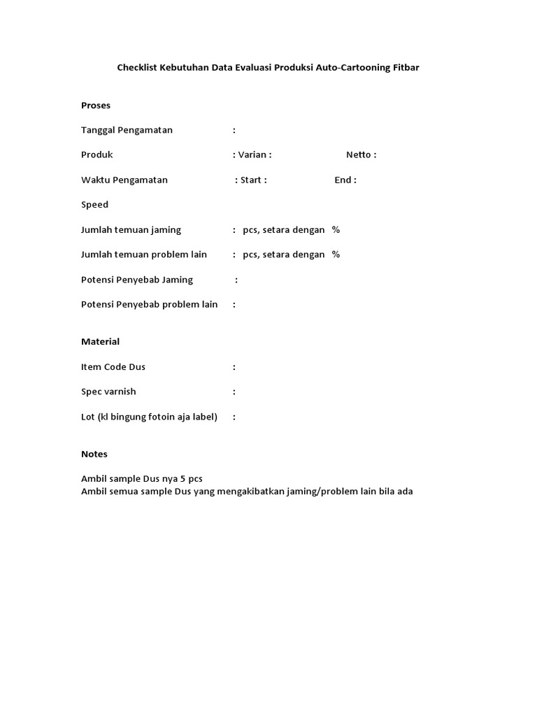 Checklist Data Evaluasi Produksi Fitbar | PDF