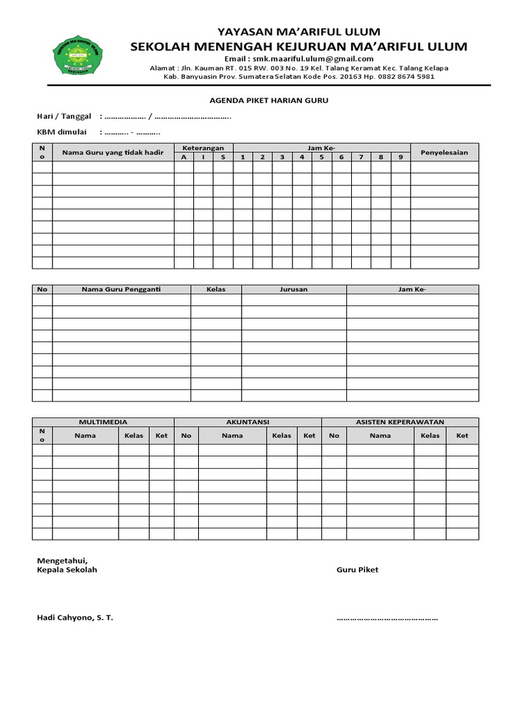 Agenda Piket Harian Guru | PDF