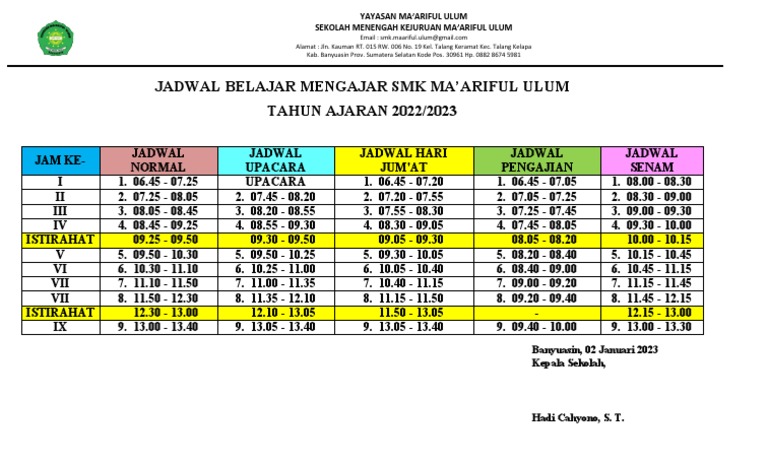 Jadwal Kegiatan Belajar Mengajar SMK Ma'ariful Ulum | PDF