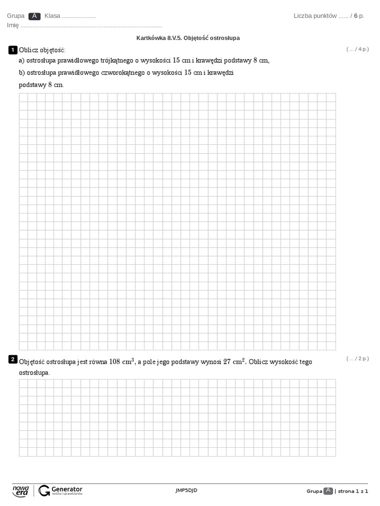 Kartkówka 8.V.5. Objętość Ostrosłupa Test (Z Widoczną Punktacją) | PDF