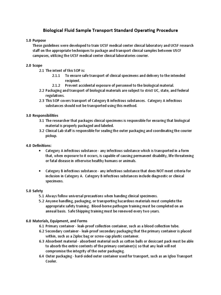 Transport Sop | PDF | Infection | Laboratories