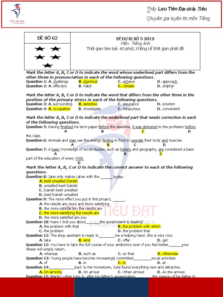 Mr. Tieu Dat's English Academy Practice Test 62: A Comprehensive Test ...