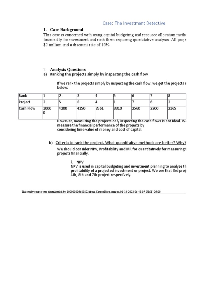 Investment Project Ranking Analysis | PDF | Capital Budgeting ...