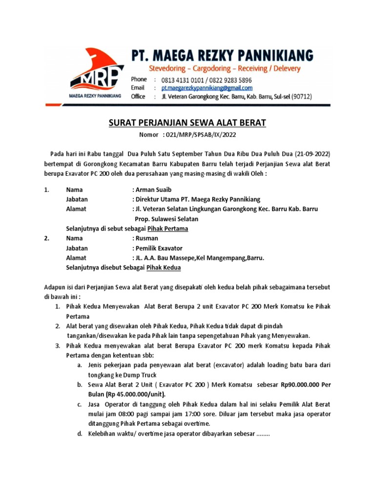 Surat Perjanjian Sewa Alat Berat Exavator 01 | PDF