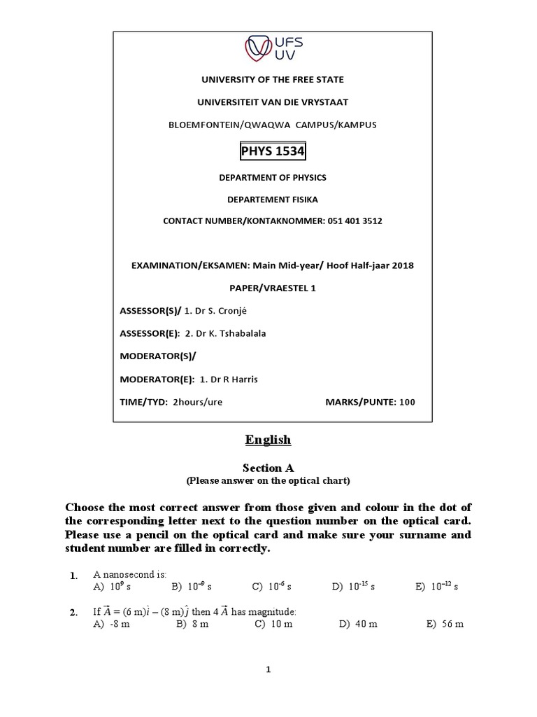 PHYS1534 Exam 2018 Main | PDF | Force | Mass