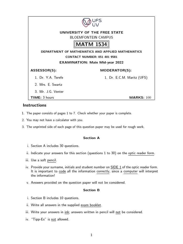 MATM 1534 Mid-year Exam Paper 2022 | PDF | Mathematical Analysis ...
