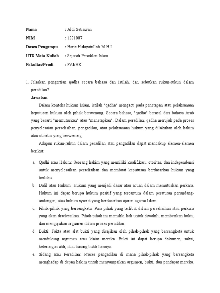 Uts Sejarah Pradilan Islam Aldi Setiawan 1221007 | PDF