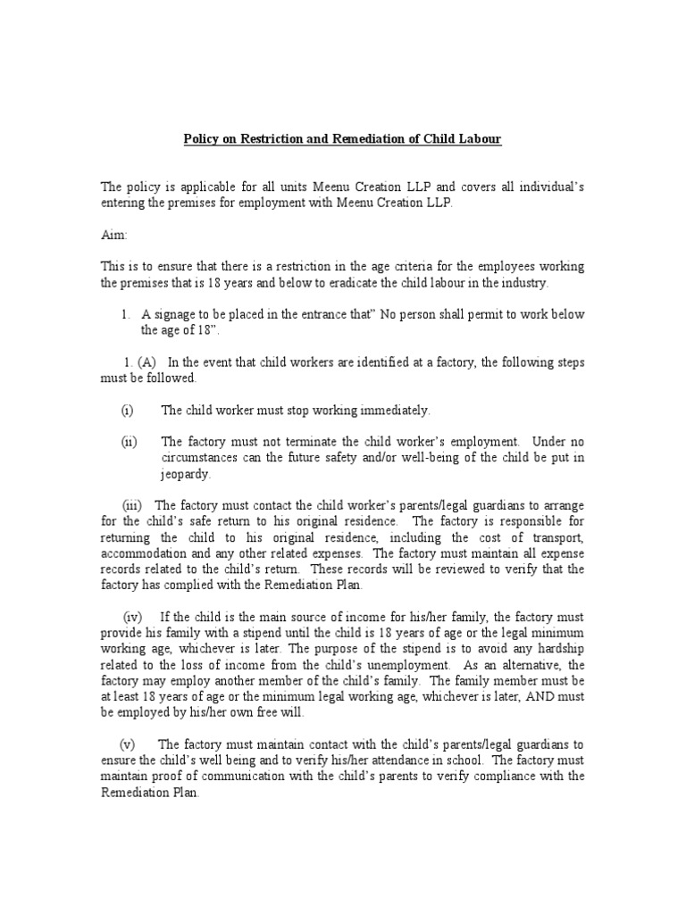 Policy On Restriction of Child Labour | PDF | Child Labour | Employment