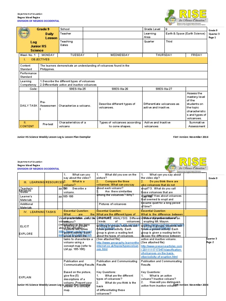 Grade 9 Volcanoes Lesson Plan | PDF | Volcano | Lava