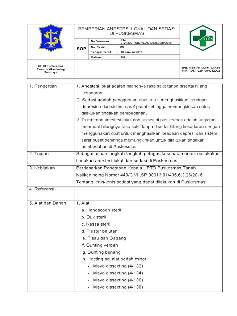 7.7.1.3 Sop Pemberian Anestesi Lokal Dan Sedasi Di Puskesmas | PDF