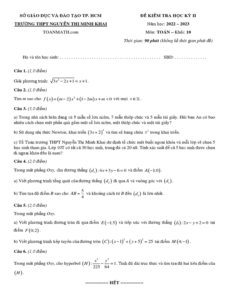 De Hoc Ky 2 Toan 10 Nam 2022 2023 Truong THPT Nguyen Thi Minh Khai TP HCM | PDF