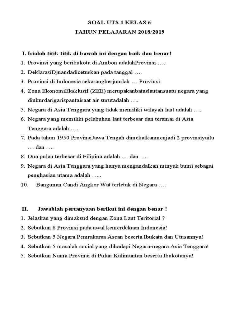 Soal Uts 1 Kelas 6 | PDF