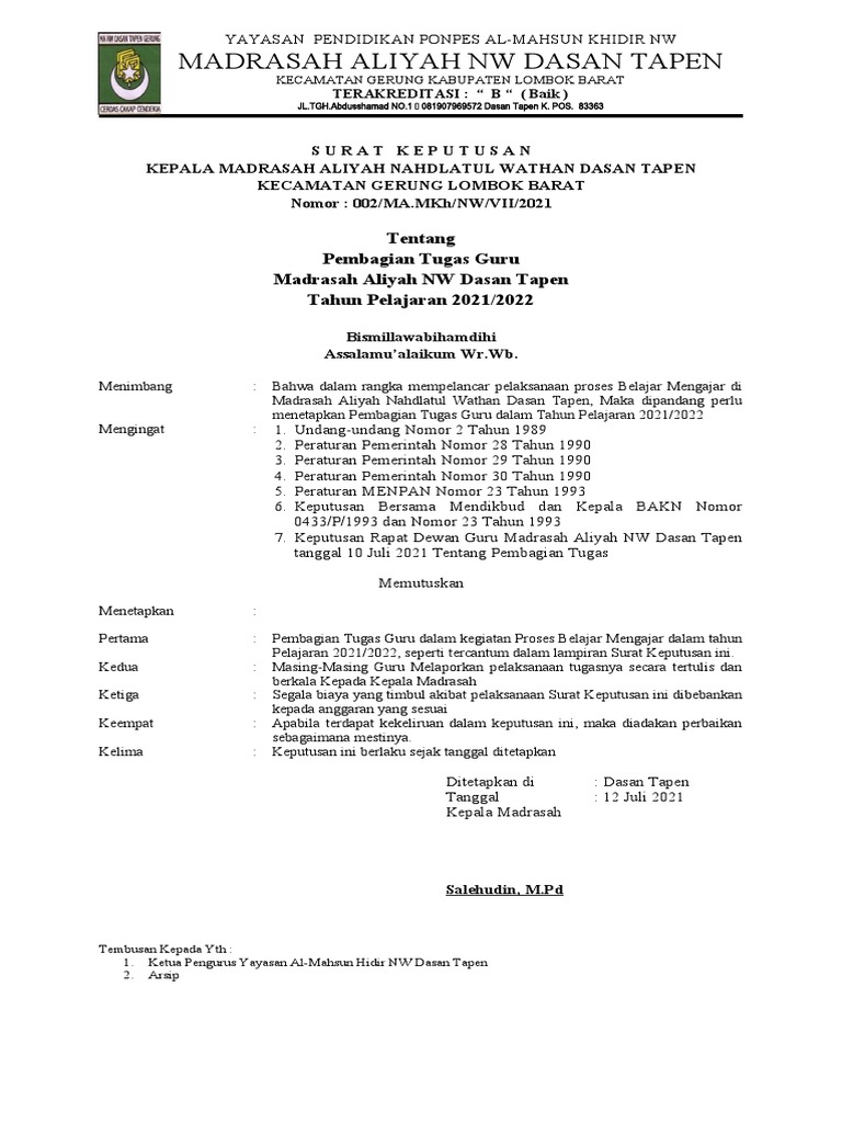 SK Pembagian Tugas 2021 | PDF