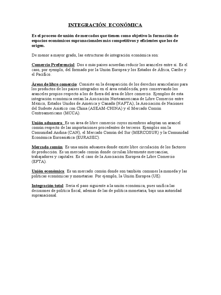 Tipos de Integración Económica | PDF | Negocios | Finanzas y dinero