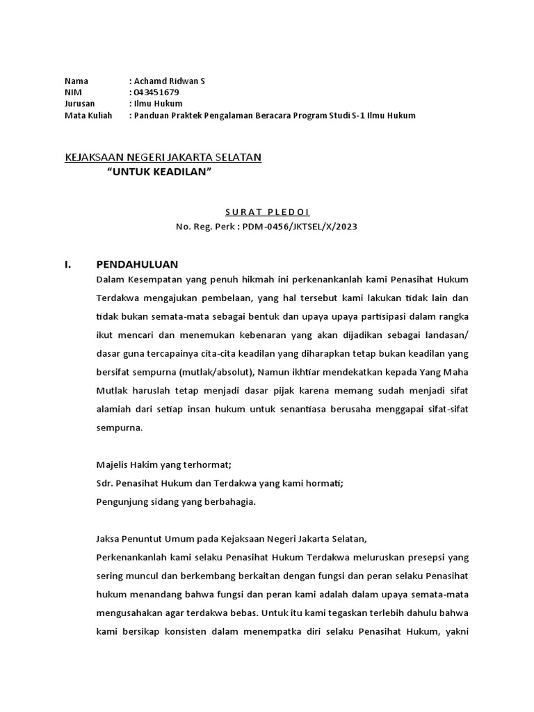 Surat Pledoi Mario Dandy | PDF