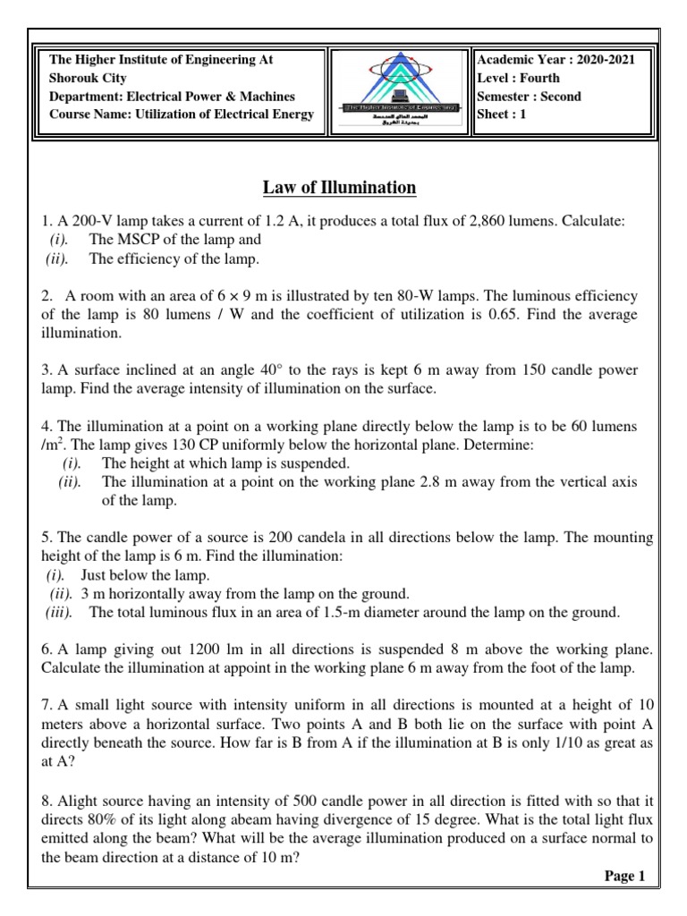 Illumination Calculations and Problems | PDF