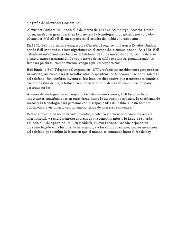 Biografía de Alexander Graham Bell | PDF | Telecomunicaciones ...