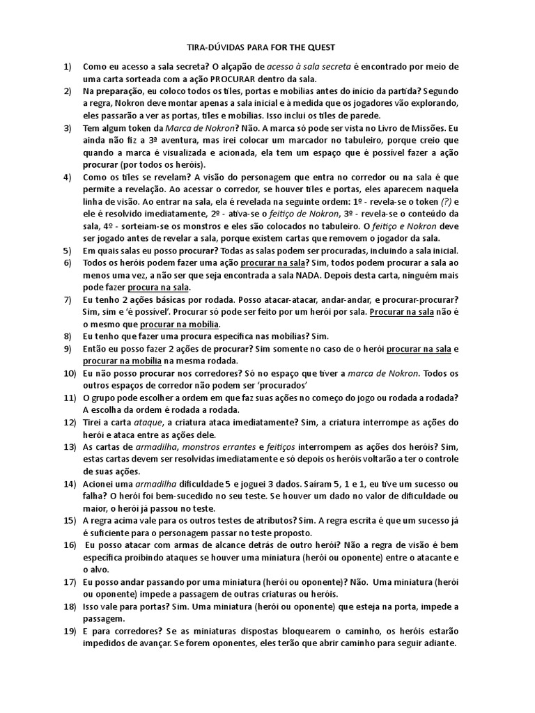 Guia Completo de Regras para For The Quest | PDF