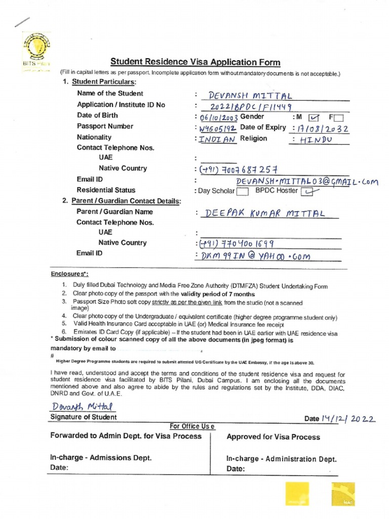 Student Residence Visa Application Form and Student Undertaking PDF | PDF