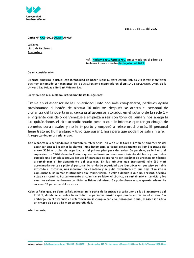 CARTA MODELO (2da) | PDF | Ascensor