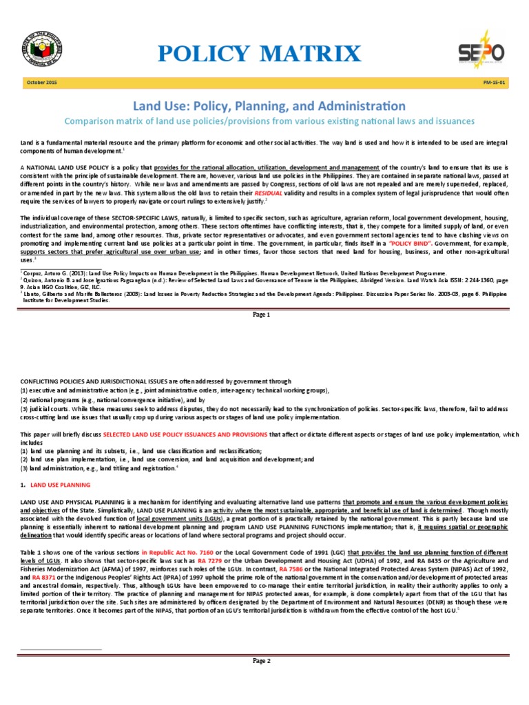 PolicyMatrix - Land Use-Policy Planning and Administration - Final | PDF | Protected Area | Zoning